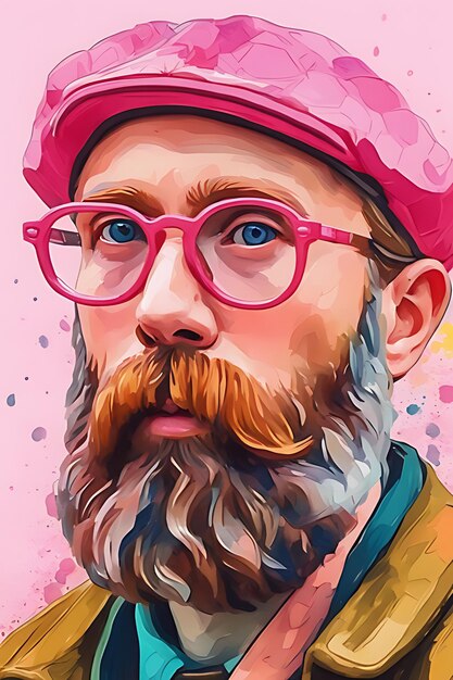 Premium Ai Image Portrait Of A Bearded Man In A Hat And Glasses Oil