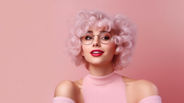 Premium Photo Portrait Of A Beautiful Woman With Pink Hair And Glasses On A Pink Background