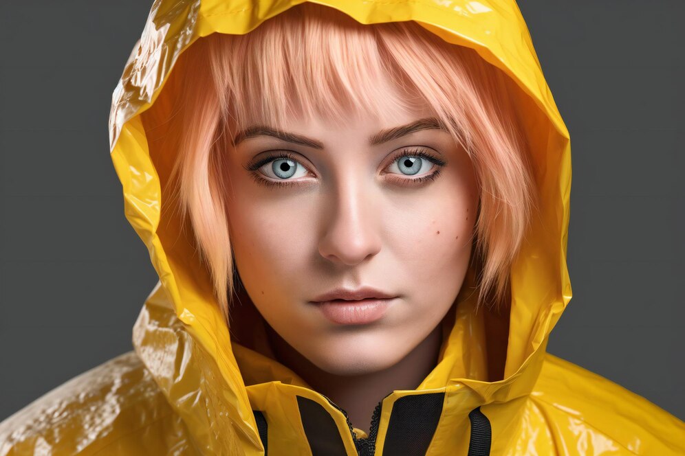 Premium Ai Image Portrait Of A Beautiful Young Woman In A Yellow Raincoat