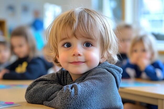 Portrait of blond boy sitting at table in kindergarten class | Premium ... Portrait of blond boy sitting at table in kindergarten class | Premium ...