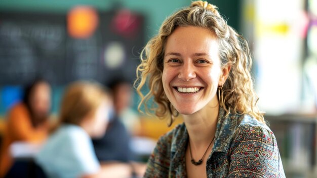 Portrait cheerfully of teacher in the class | Premium AI-generated image Portrait cheerfully of teacher in the class | Premium AI-generated image
