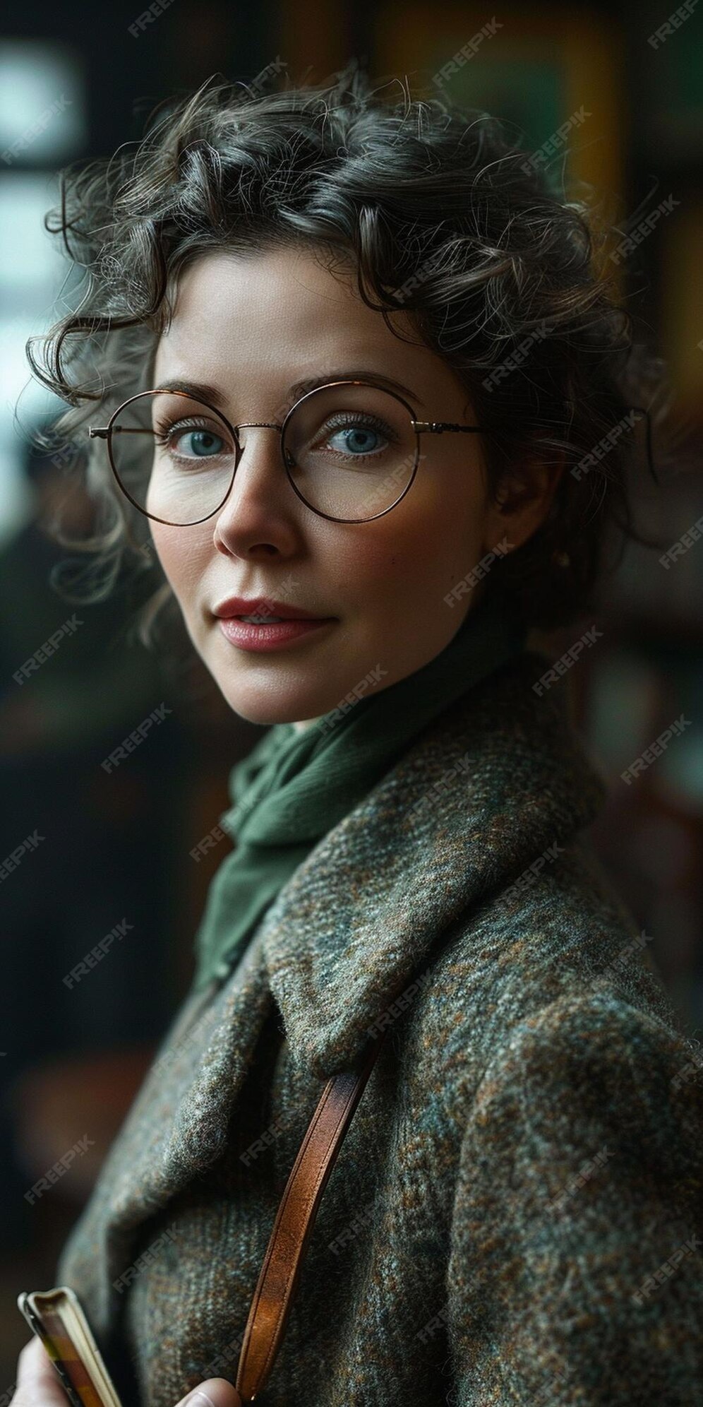 Premium Ai Image Portrait Of A Female Librarian Model Wearing Glasses And Holding Books In Her