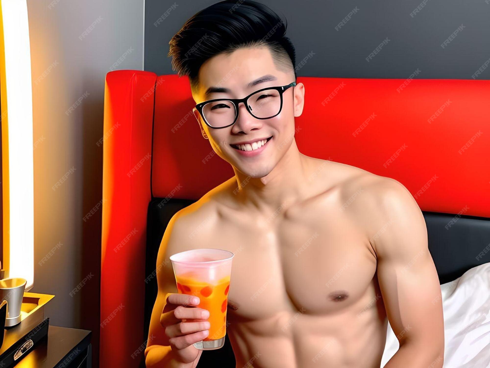 Premium Photo Portrait Of Handsome Asian Guy With A Drink In His Hand