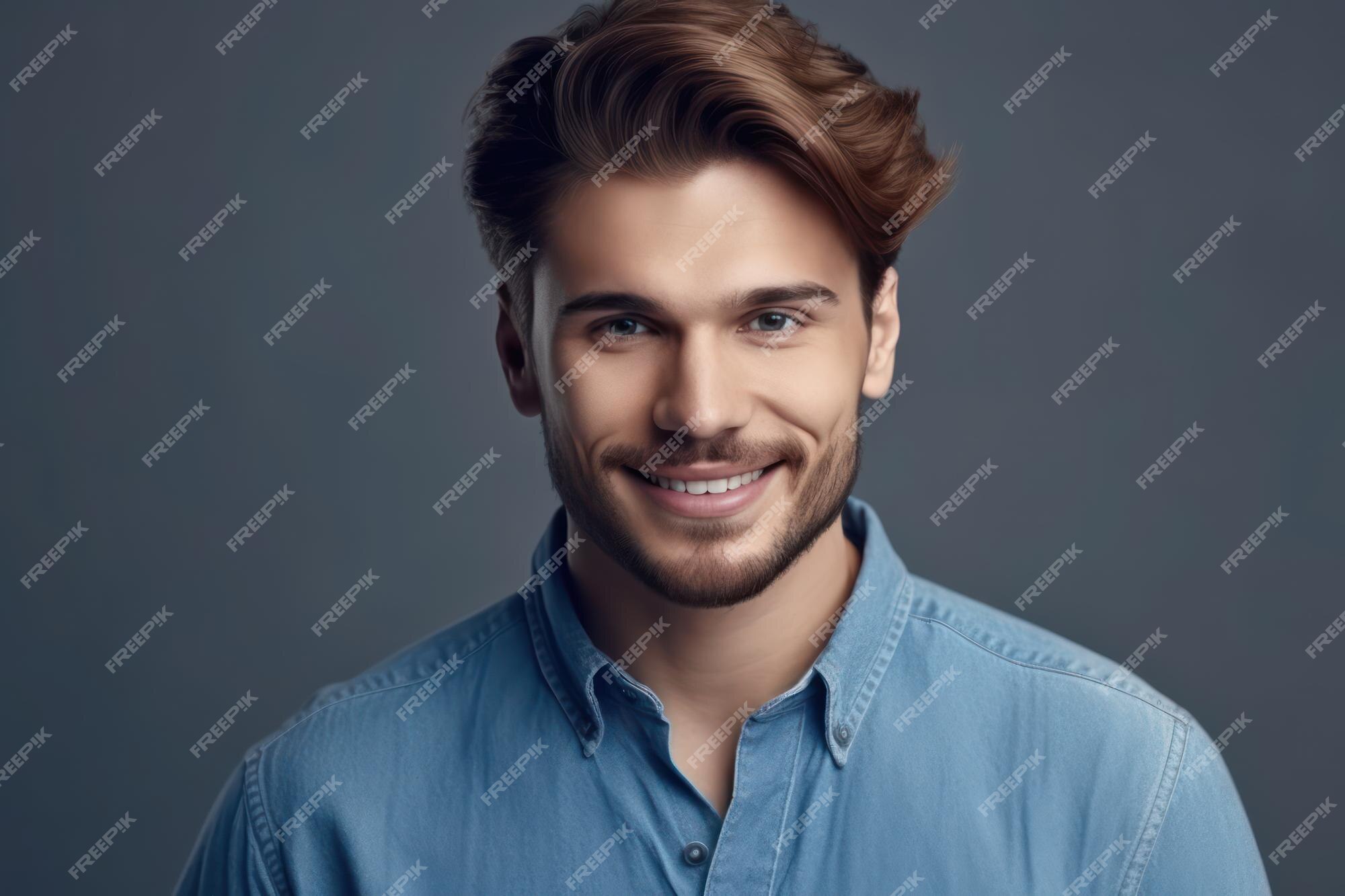 Premium Ai Image Portrait Of Handsome Man In Blue Shirt With Smiling Face
