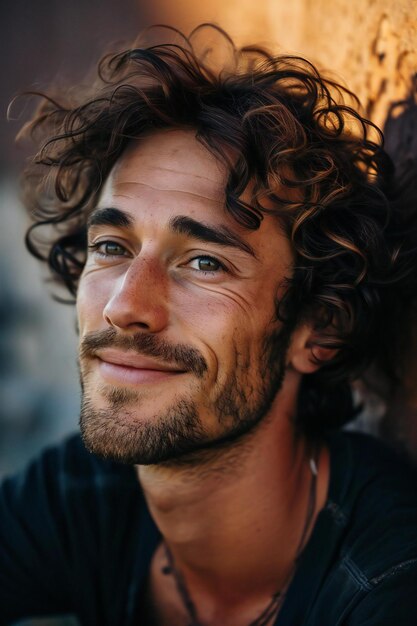 Premium Photo Portrait Of A Handsome Young Man With Long Curly Hair Looking At Camera