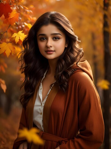 Premium Photo Portrait Of A Happy Stunning Girl With Dynamic Pose On Autumn Background