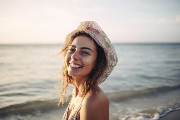Premium Ai Image Portrait Of A Happy Young Woman Enjoying The Beach Created With Generative Ai