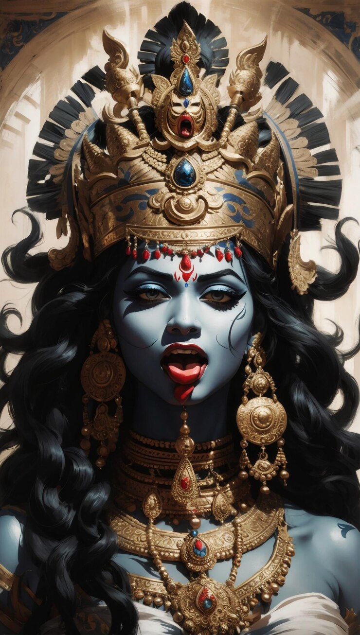 Portrait Of Indian Goddess Kali Open Mouth And Out Stuck Tongue Premium Ai Generated Image