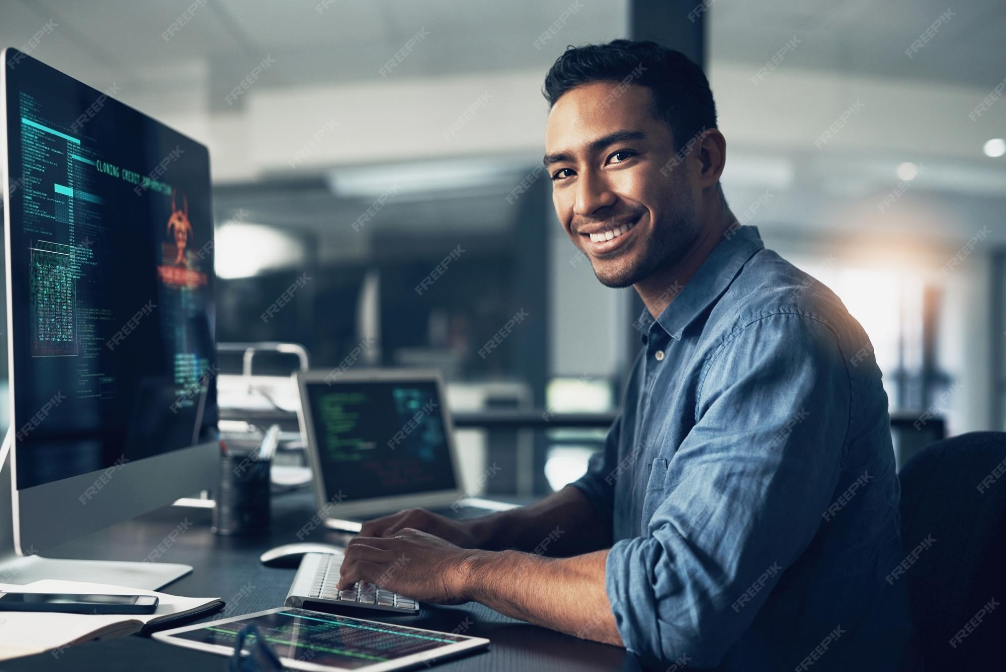 Premium Photo | Portrait man and smile of programmer on computer in office workplace at night IT ...