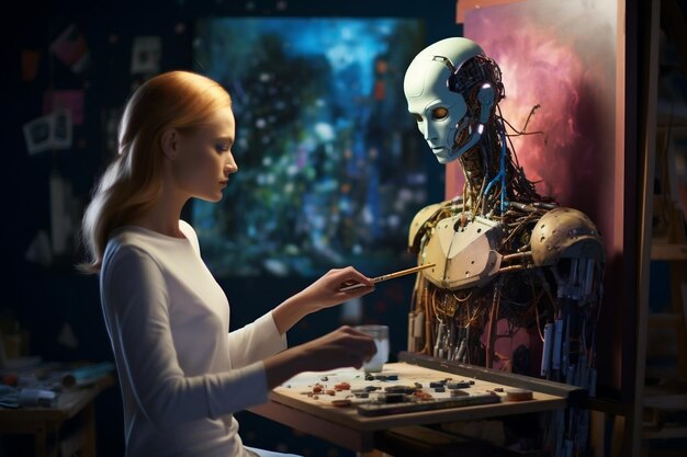 Premium AI Image | Portrait Painting by Humanoid Robot Artist on Canvas ... Premium AI Image | Portrait Painting by Humanoid Robot Artist on Canvas ...