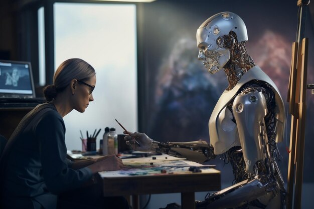 Premium AI Image | Portrait Painting by Humanoid Robot Artist on Canvas ... Premium AI Image | Portrait Painting by Humanoid Robot Artist on Canvas ...