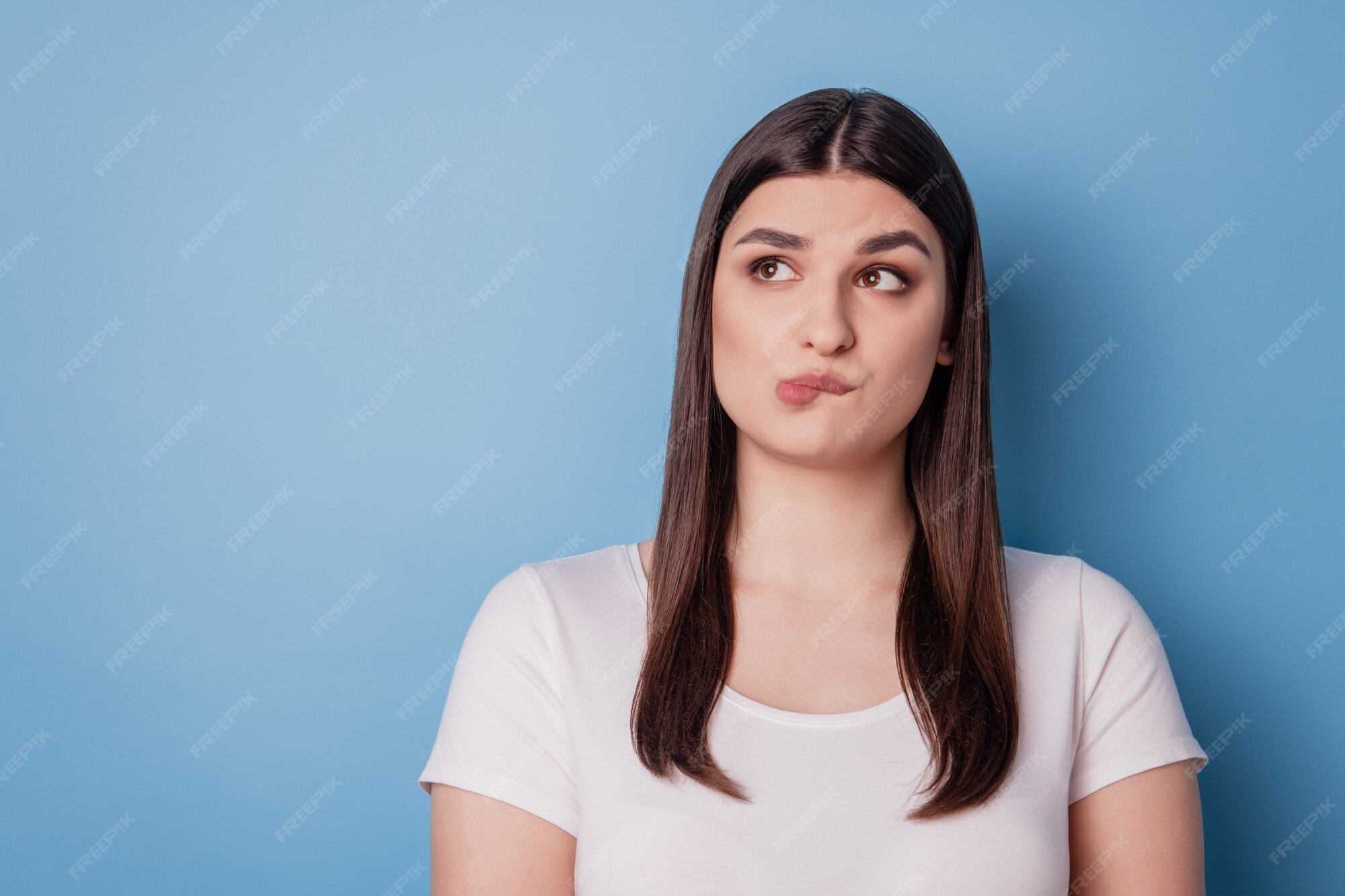 Premium Photo Portrait Of Pensive Thoughtful Dreamy Lady Bite Lip Look Blank Empty Space On