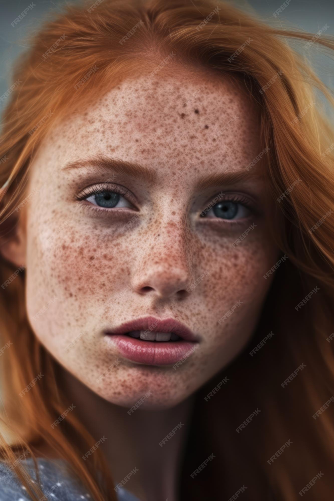 Premium Photo Portrait Of Red Haired Woman With Blue Eyes And Freckles Created Using