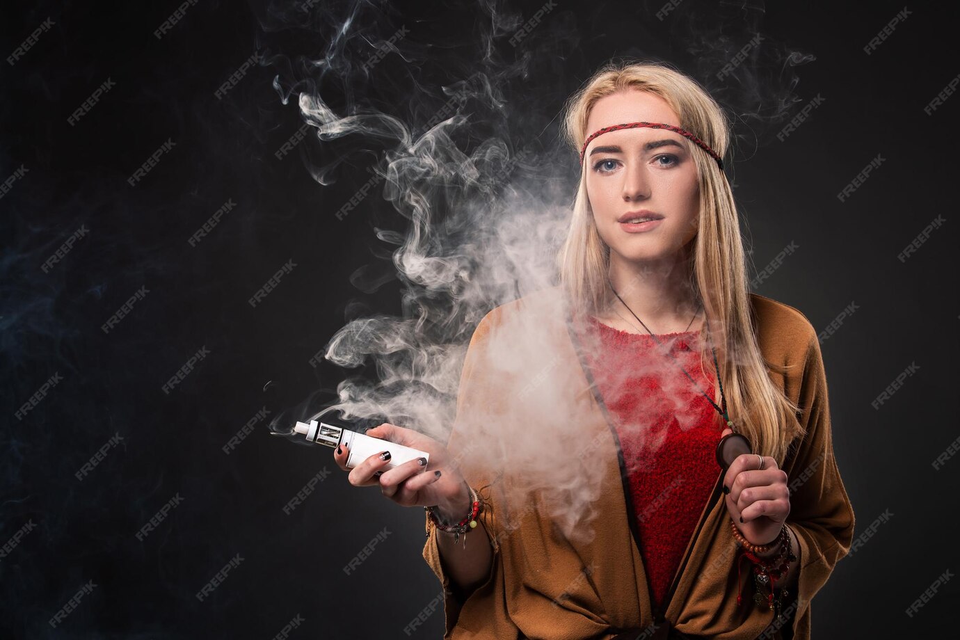 Premium Photo Portrait Of Sexy Young Hipster Smoking Vaping Girl The Woman Is Dressed In The