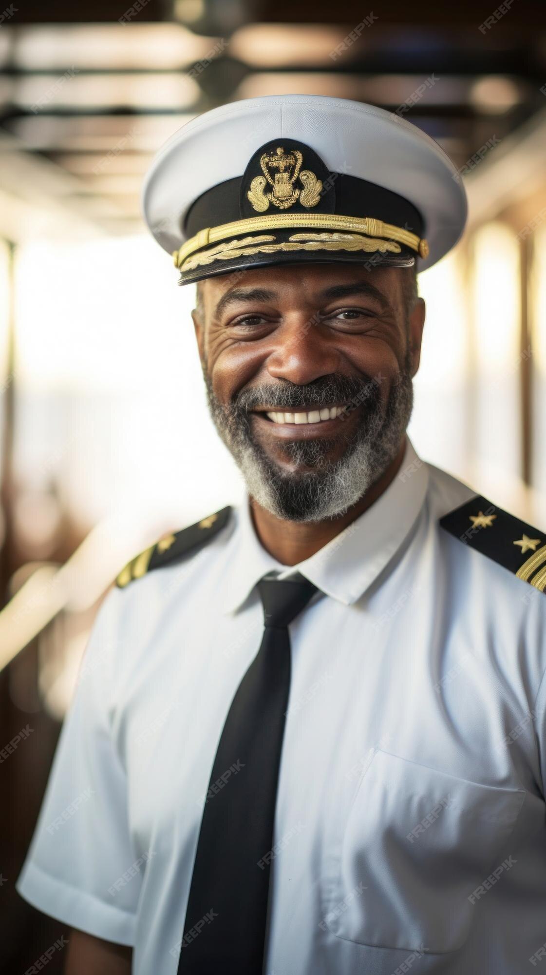 Premium Ai Image Portrait Ship Captain In Uniform Standing On The Deck Smiling Warmly At The