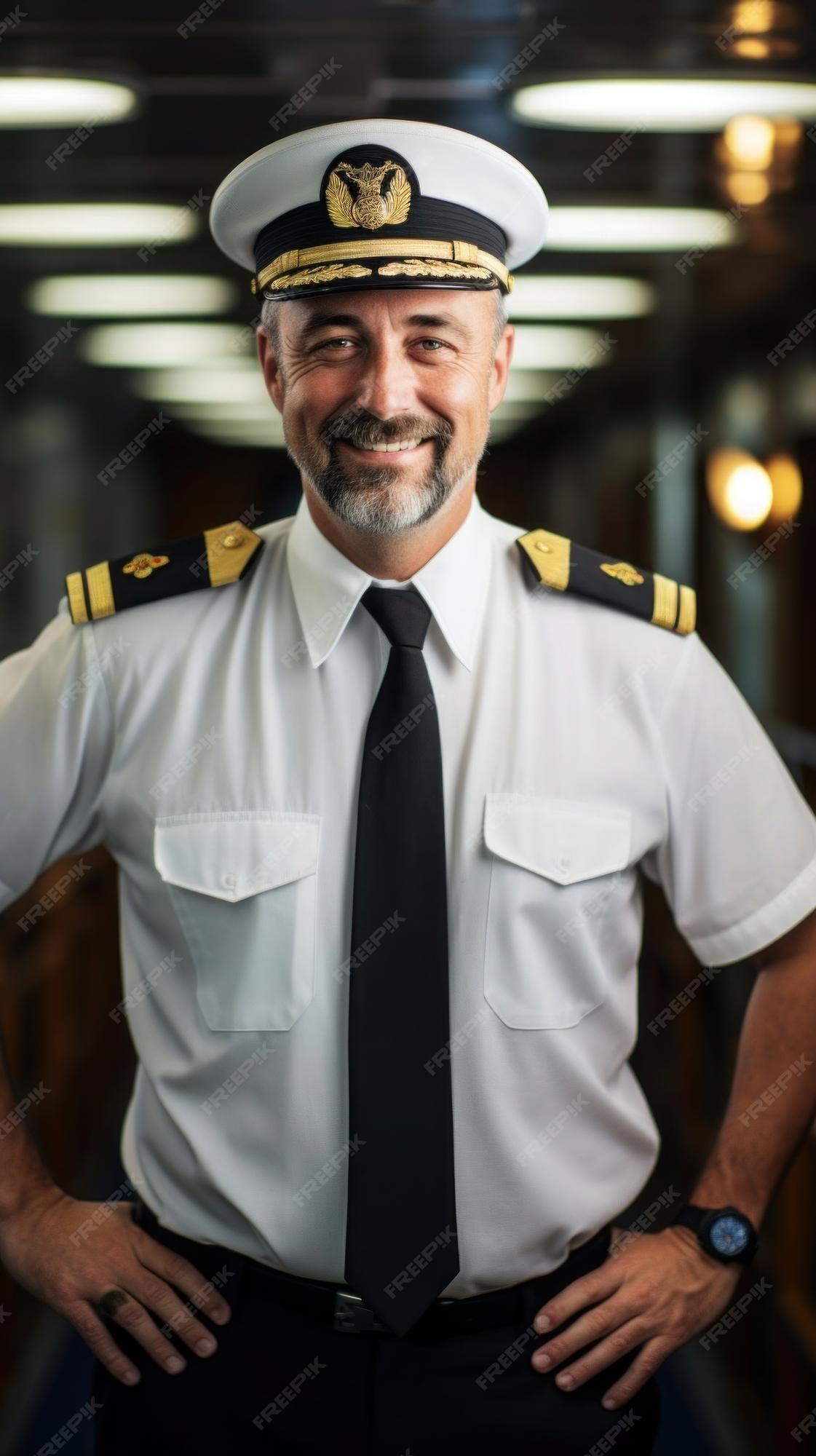 Premium Ai Image Portrait Ship Captain In Uniform Standing On The Deck Smiling Warmly At The