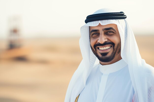 Premium AI Image | Portrait smiling arabic oil sheikh with blurred desert Premium AI Image | Portrait smiling arabic oil sheikh with blurred desert