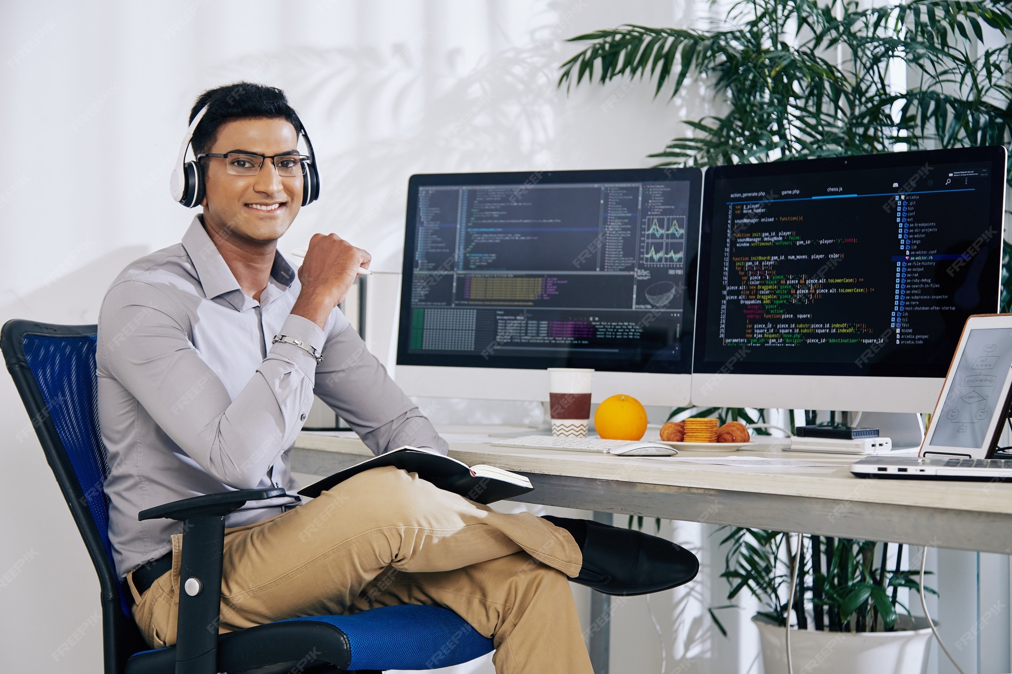 Premium Photo | Portrait of smiling confident indian coder sitting at his office desk with ...