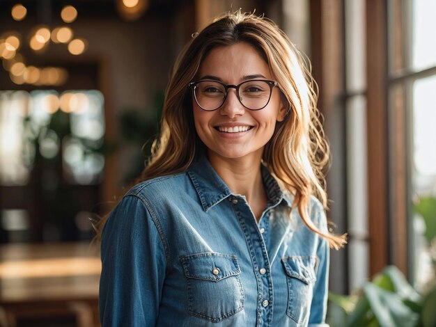 Portrait Of Smiling Young Woman Wearing Glasses Premium Ai Generated Image
