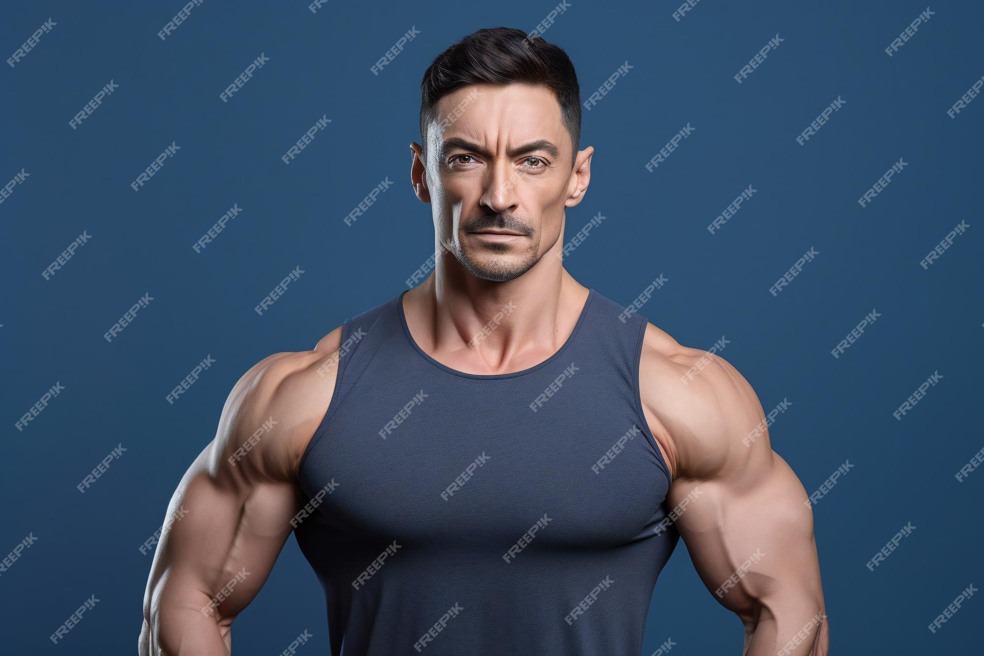 Premium Photo Portrait Of A Strong Man On Blue Background Bodybuilder