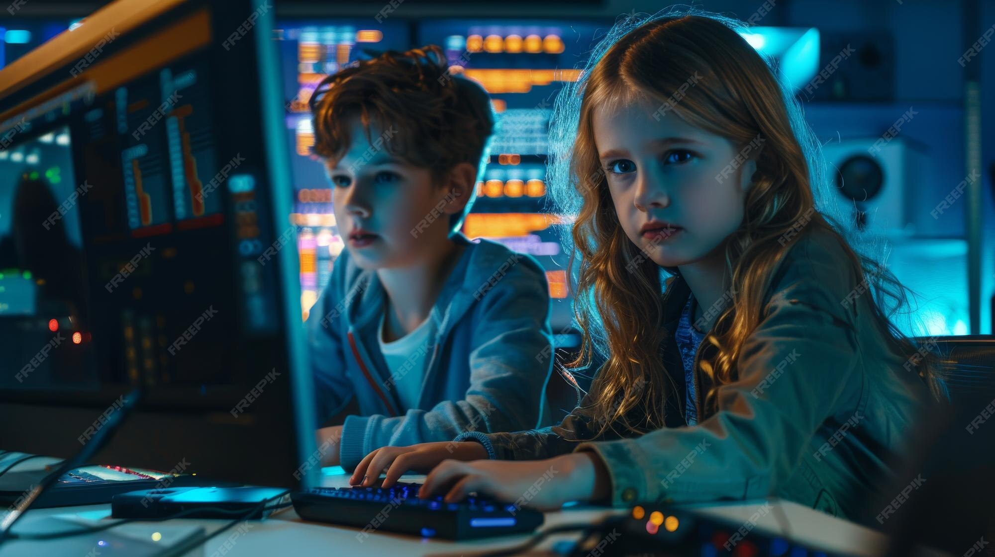 A portrait of two smart boys working together in an elementary computer ...