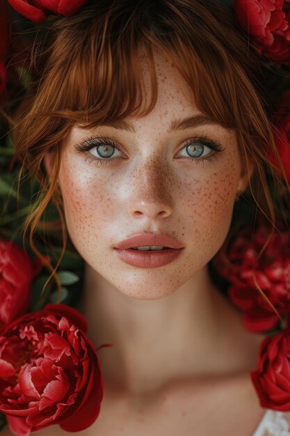 Premium Photo | Portrait of a woman with red flowers Closeup studio ... Premium Photo | Portrait of a woman with red flowers Closeup studio ...