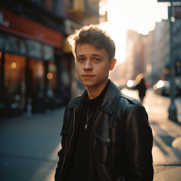 Premium Ai Image Portrait Of Young Caucasian Man In Jacket In City Street Created Using