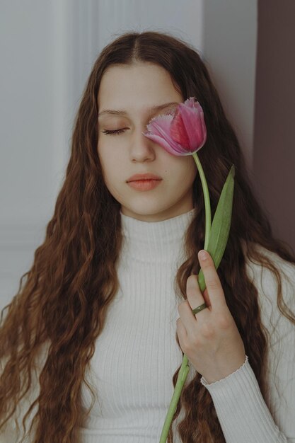 Premium Photo Portrait Of A Young Girl With Closed Eyes Long Hair And