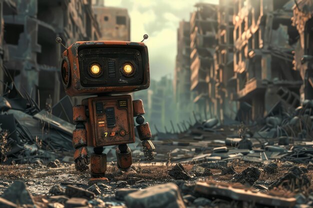 Postapocalyptic robot exploring ruined cityscape | Premium AI-generated ... Postapocalyptic robot exploring ruined cityscape | Premium AI-generated ...