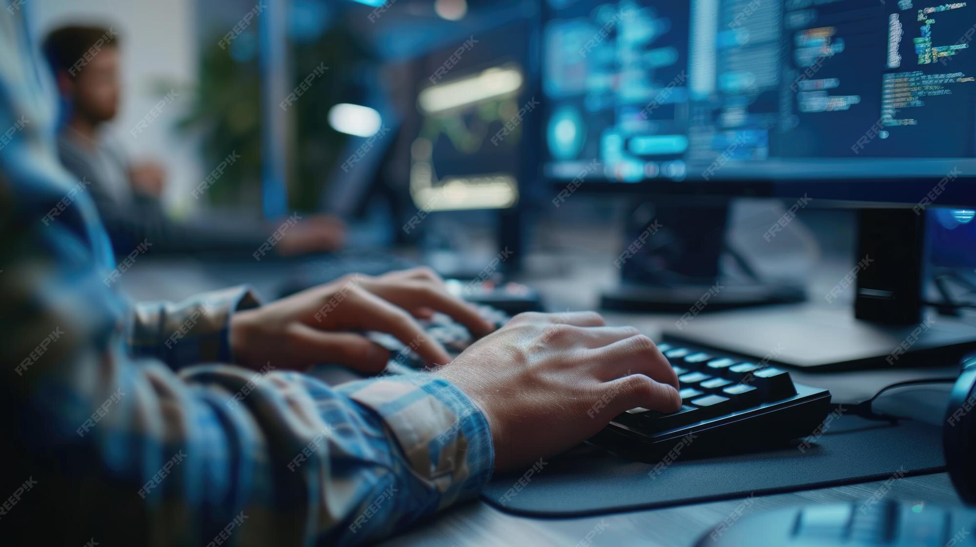 Premium Photo | POV of QA engineer typing on keyboard while using computer at workplace in ...