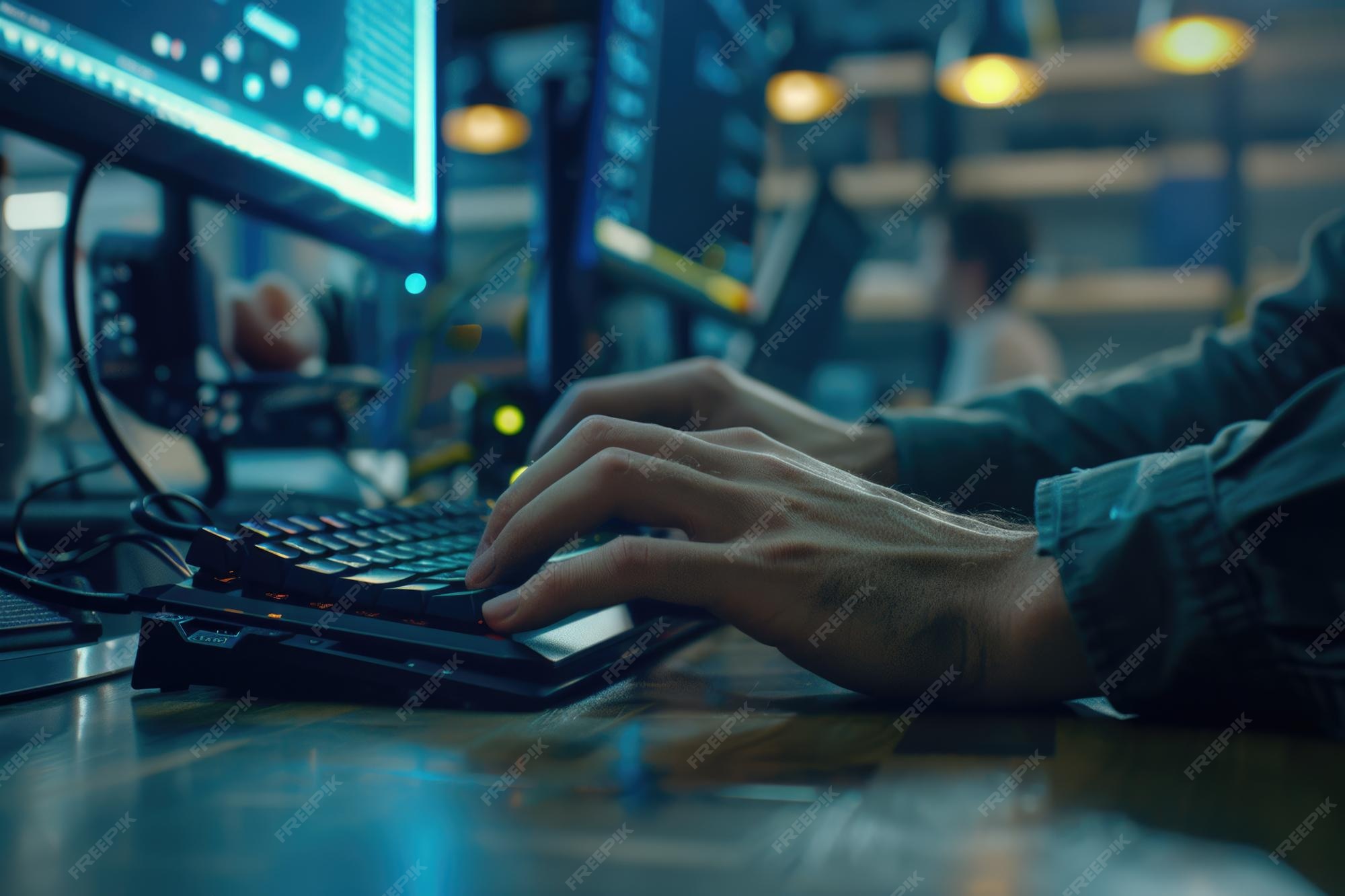 Premium Photo | POV of QA engineer typing on keyboard while using computer at workplace in ...
