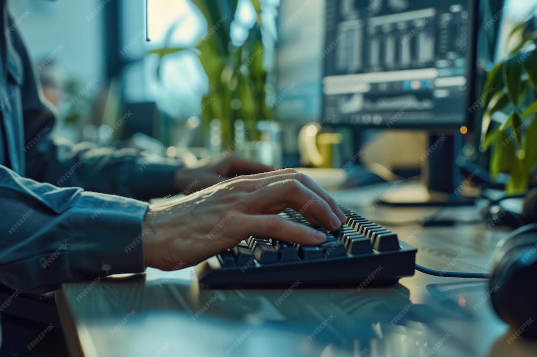 POV of QA engineer typing on keyboard while using computer at workplace in office copy space ...