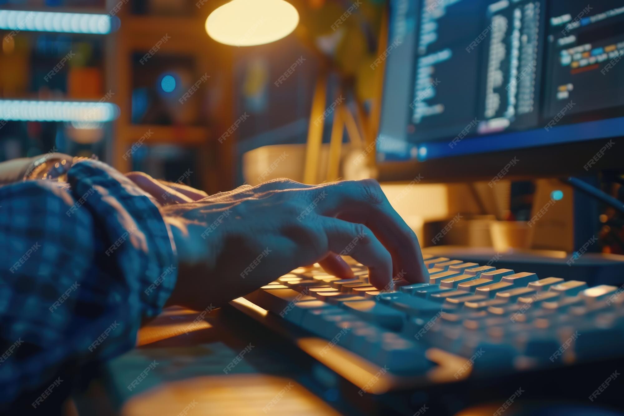 Premium Photo | POV of QA engineer typing on keyboard while using computer at workplace in ...