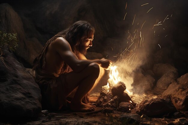 Prehistoric Man Discovering Fire Generative AI | Premium AI-generated image Prehistoric Man Discovering Fire Generative AI | Premium AI-generated image