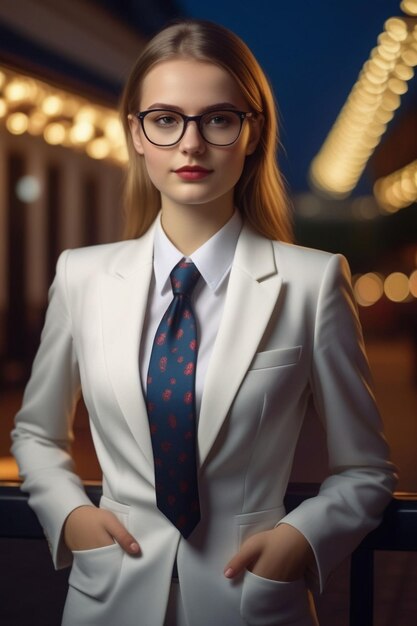 Premium Photo A Pretty European Girl In A Suit And Glasses On The Night Background