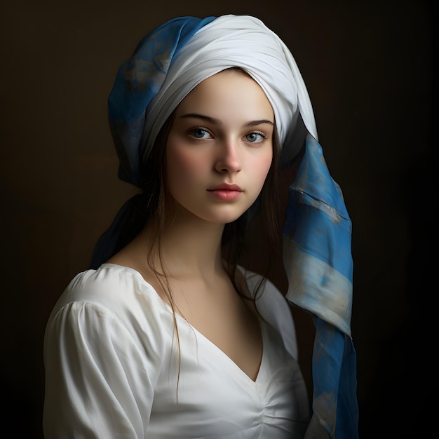 Premium Ai Image Pretty Girl In White Dress In Vermeer Girl In Blue