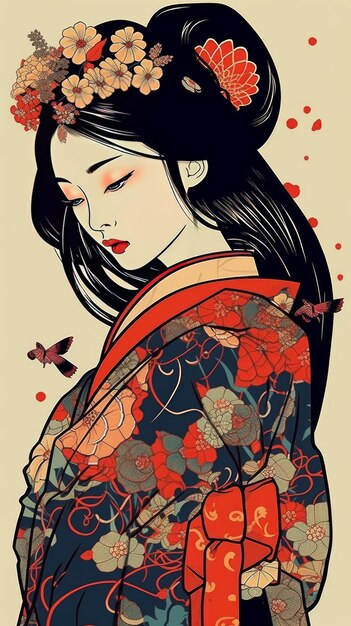 Premium Ai Image Pretty Kimono Girl Vector Sticker