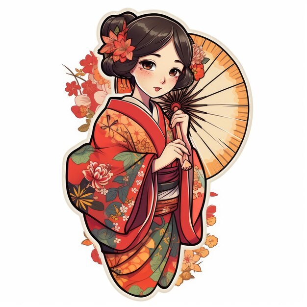 Premium Ai Image Pretty Kimono Girl Vector Sticker