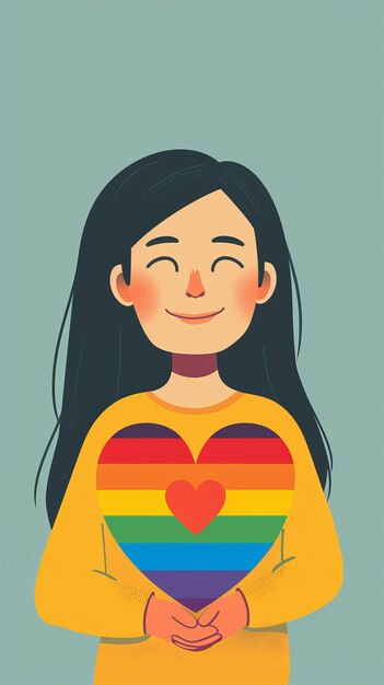 Premium Photo Pride Month An Asian Lesbian Hold A Heart With Lgbtq Color 2d Illustration Style