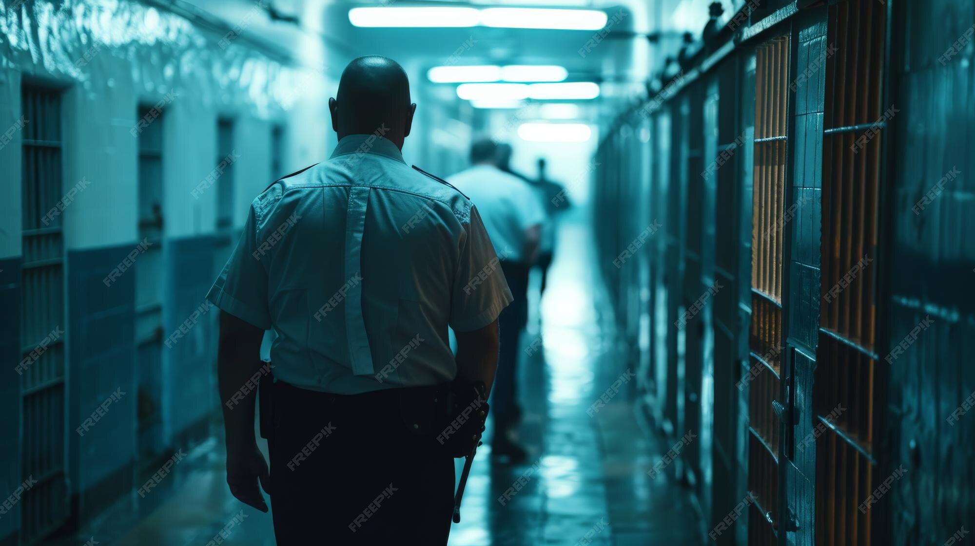 Prison officers conducting a security check in a dimly lit corridor of ... Prison officers conducting a security check in a dimly lit corridor of ...