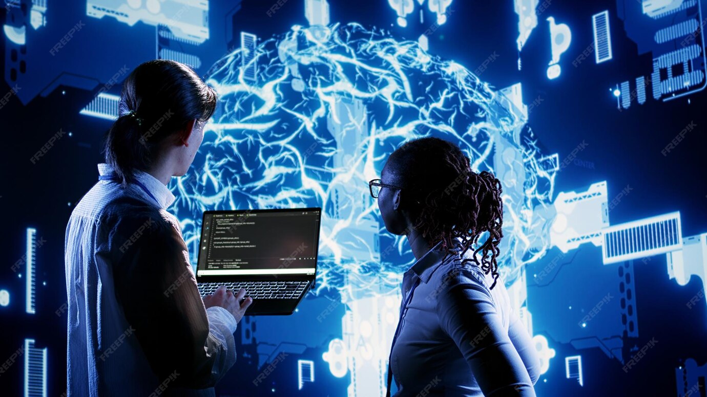 Premium Photo | Proactive IT coworkers programming scripts on laptop, employing AI machine ...