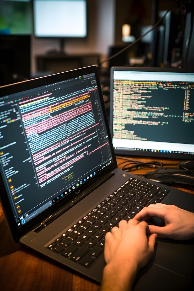 Professional Coder Programming in JavaScript Python C A Modern Coding Desk Setup | Premium AI ...