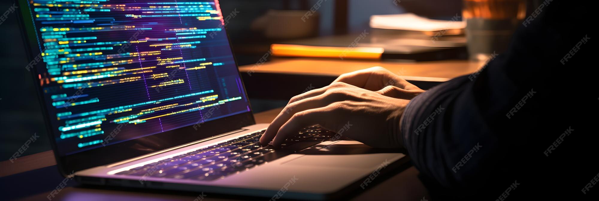 Professional Coder Programming in JavaScript Python C A Modern Coding Desk Setup | Premium AI ...