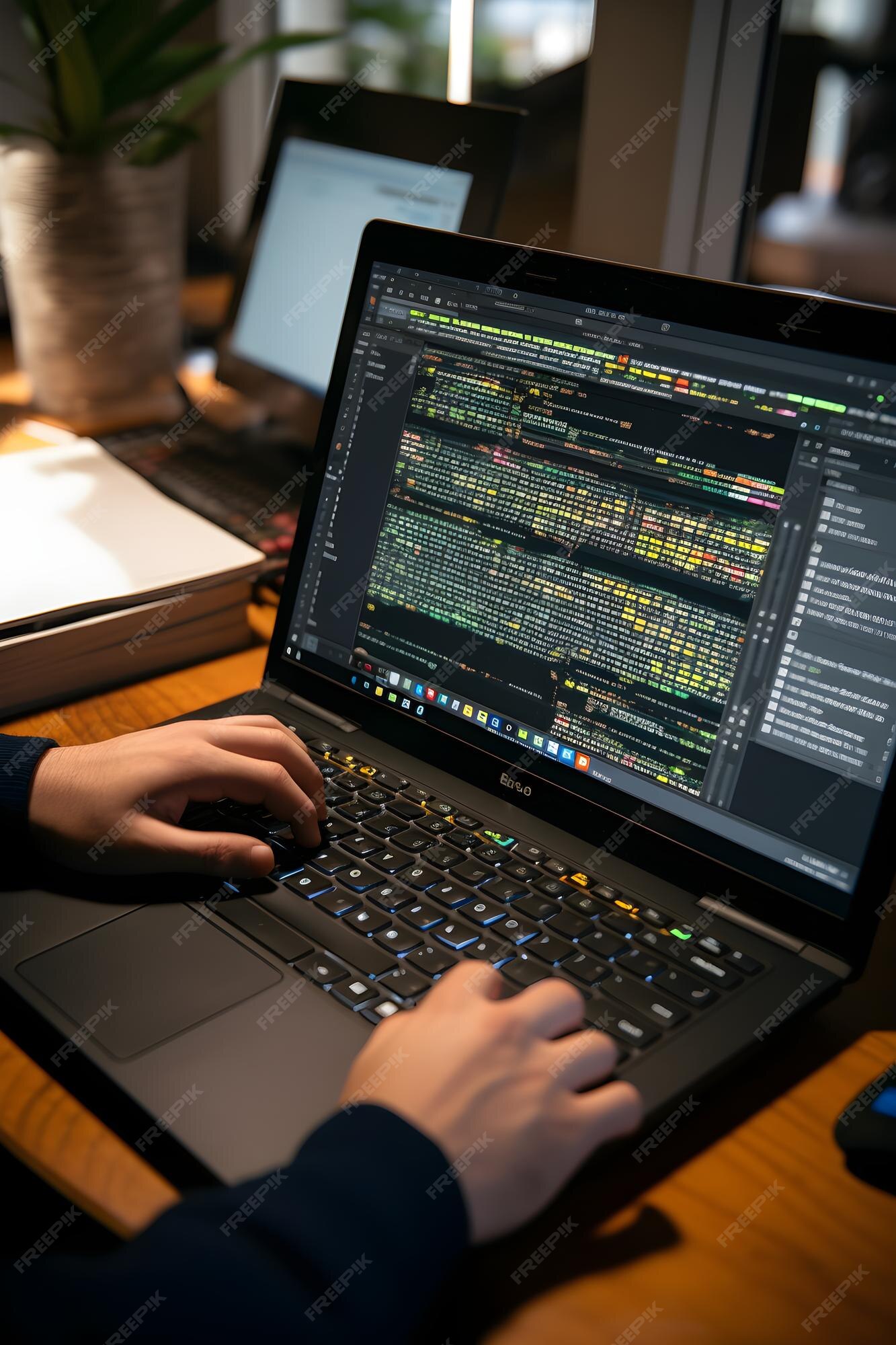 Professional Coder Programming in JavaScript Python C A Modern Coding Desk Setup | Premium AI ...