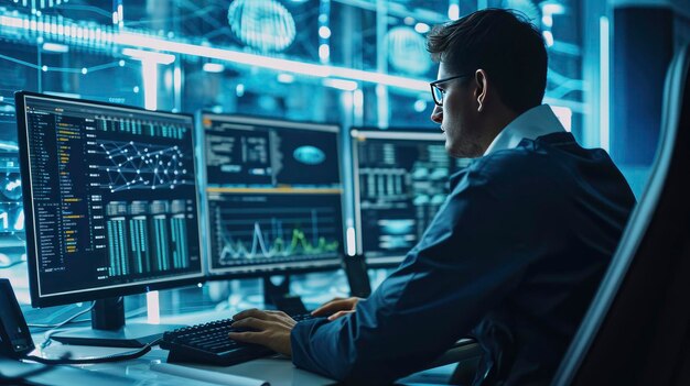 Premium AI Image | Professional IT Programer Working in Data Center on Desktop Computer with ...