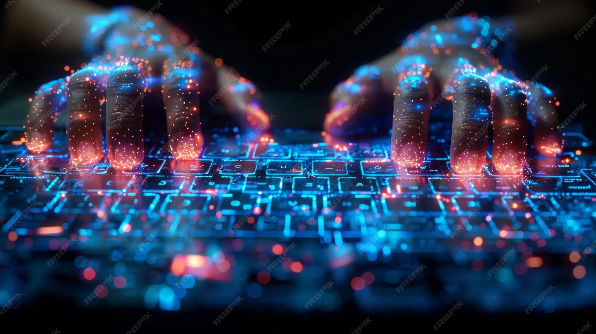 Programmer analyzing and creating information on futuristic virtual interface screen using ...