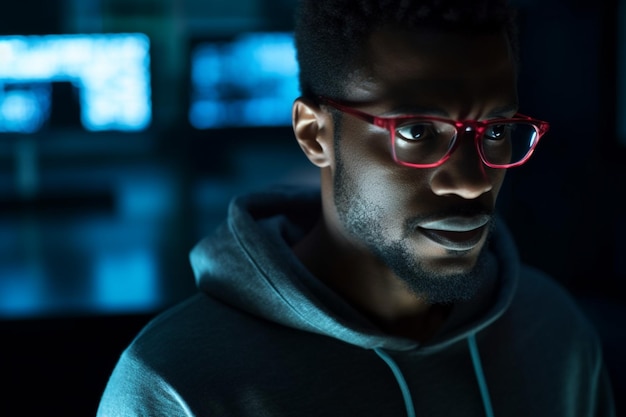 Programmer Black Man And Code Reflection In Glasses Cyber Security And Hacking In Workplace