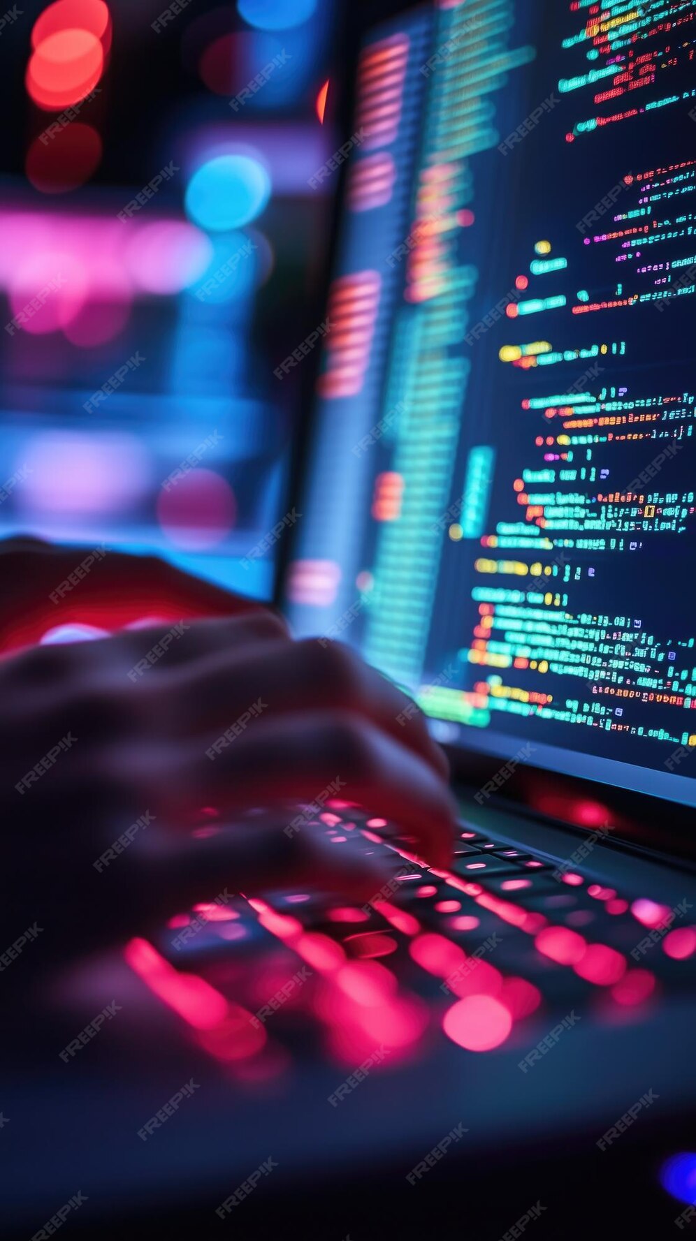 Programmer coding code lines at work with hands at laptop programming ...