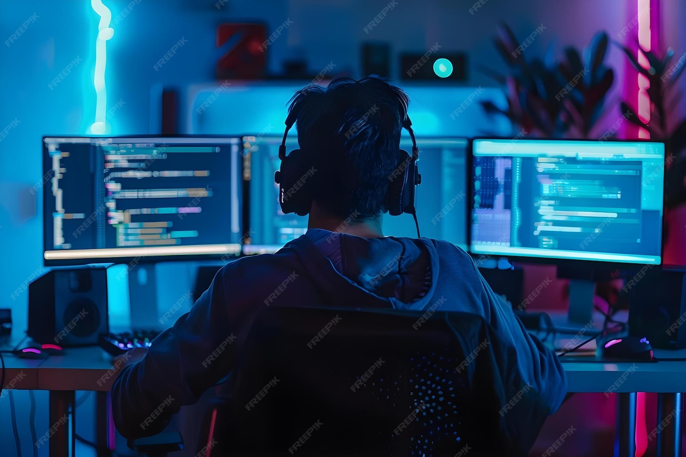 Premium Photo | A programmer coding software on a laptop with multiple screens showing user ...