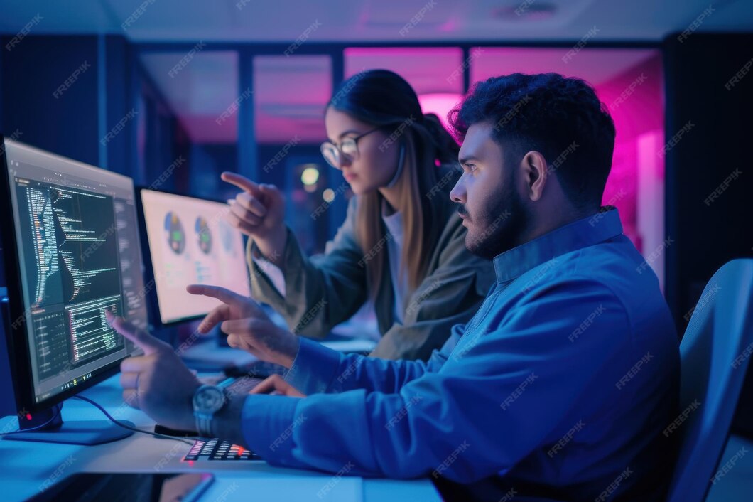 Programmer coding and team talking about software data on computer for cybersecurity programming ...